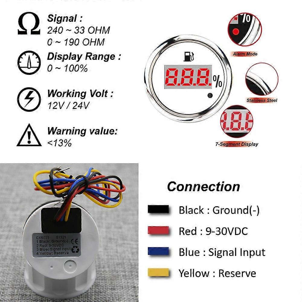 52mm Waterproof IP67 Car Boat Fuel Level Gauge with Alarm 0-190 ohm ...