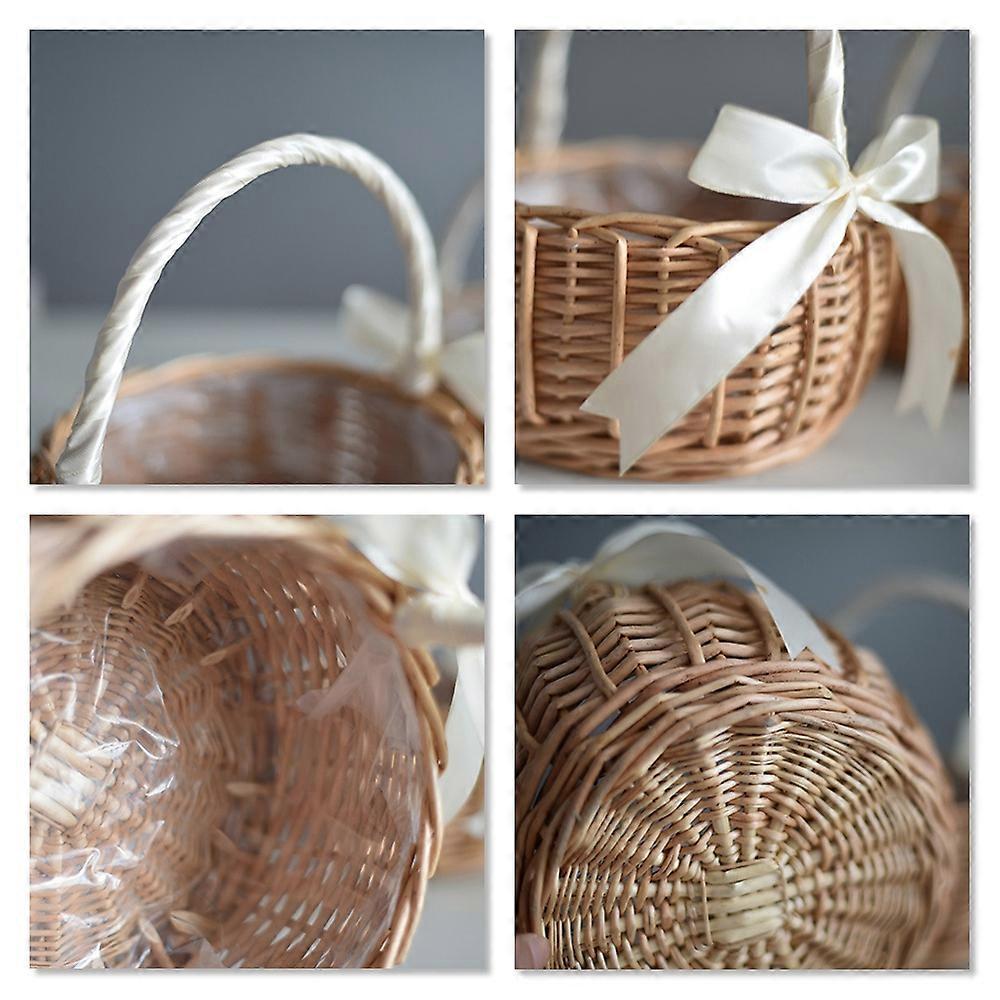 Wicker Woven , with Handle and White Ribbon, Wedding Flower Baskets ...