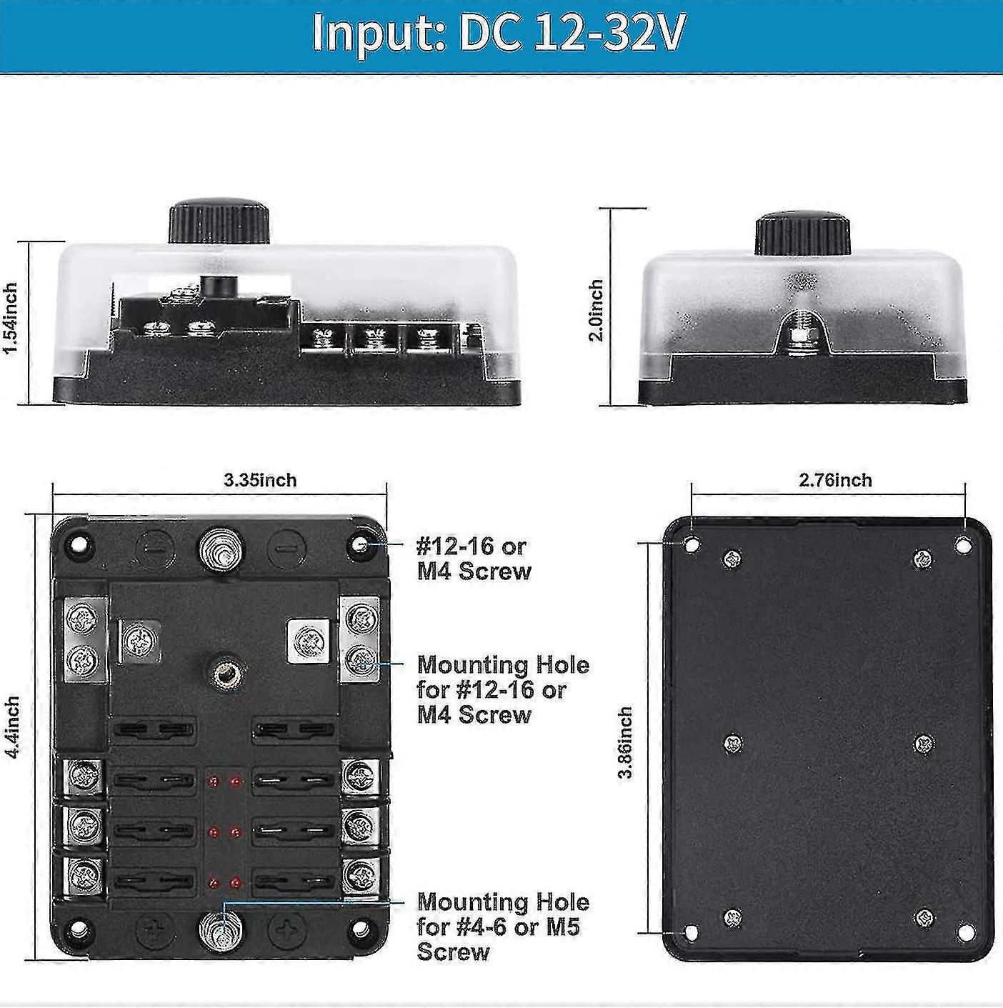12 Volt Fuse B, 6 Way Fuse Box With 6 Ground Negative Busbar For ...
