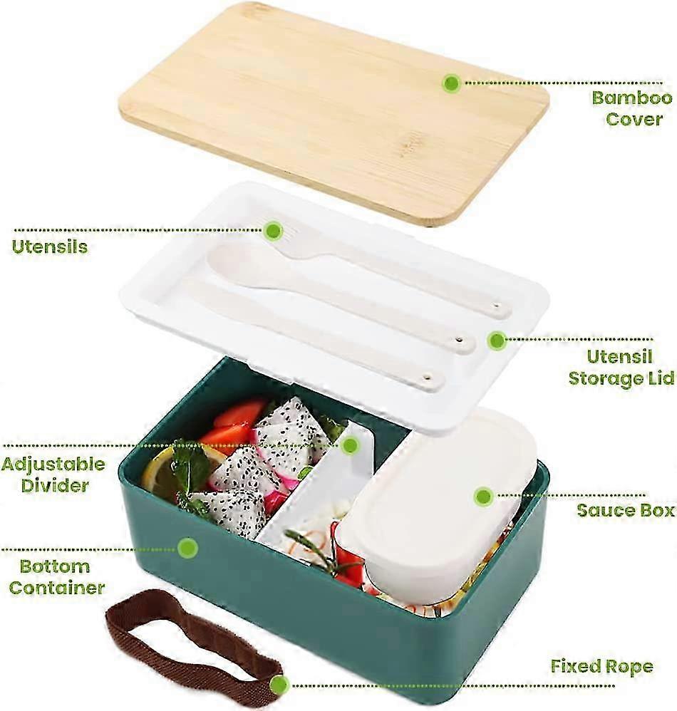 Bento Lunch Box with Sauce Box and Cutlery Set, 1000 ml (Green) | Fruugo UK