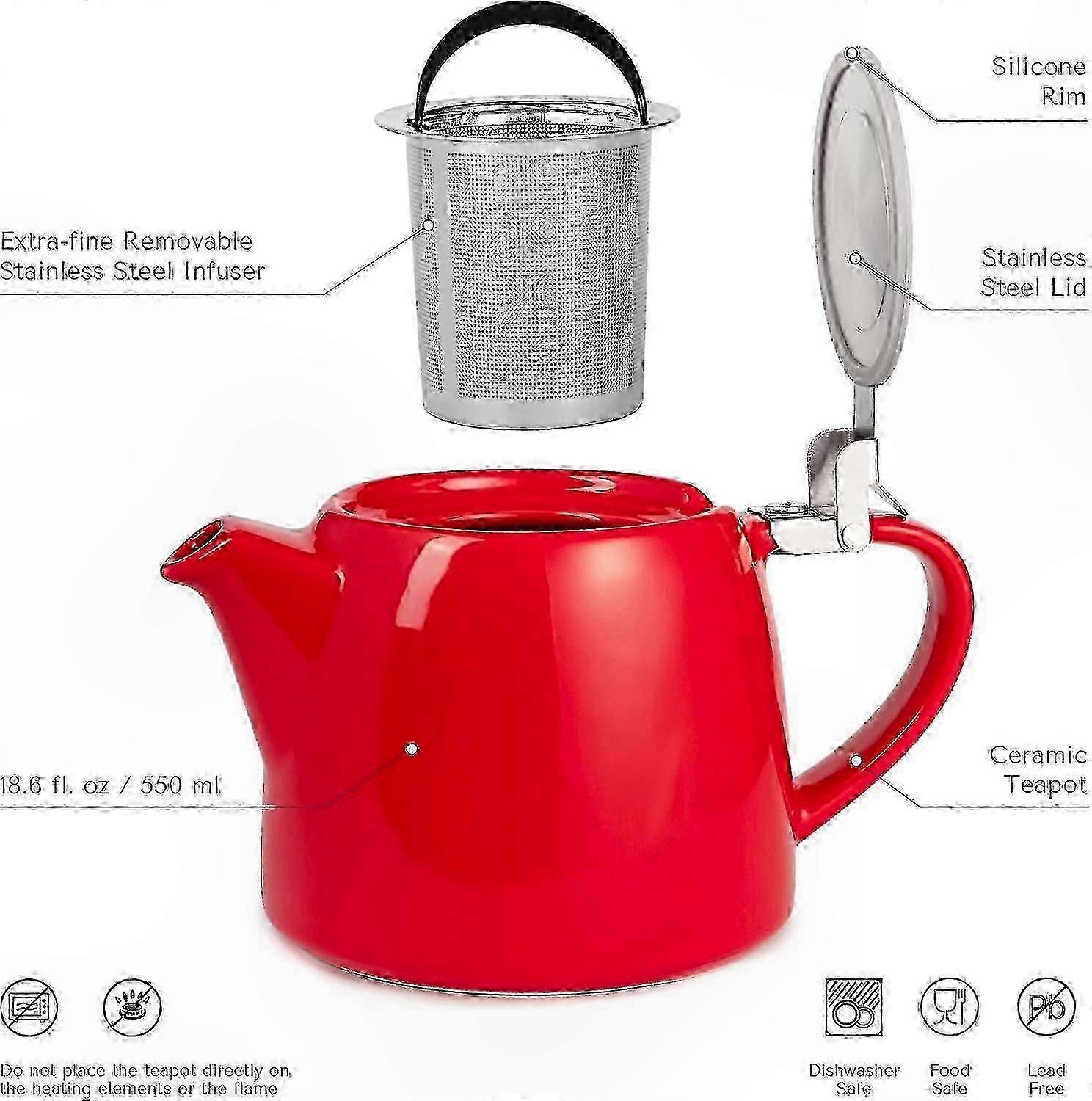 Red Ceramic Teapot with Infuser, 550ml, Perfect for Loose Leaf Tea ...