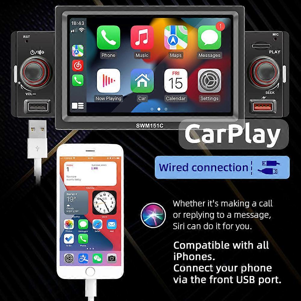 Rádio Automotivo 1 Din 5 polegadas tela CarPlay Android Auto Estéreo ...
