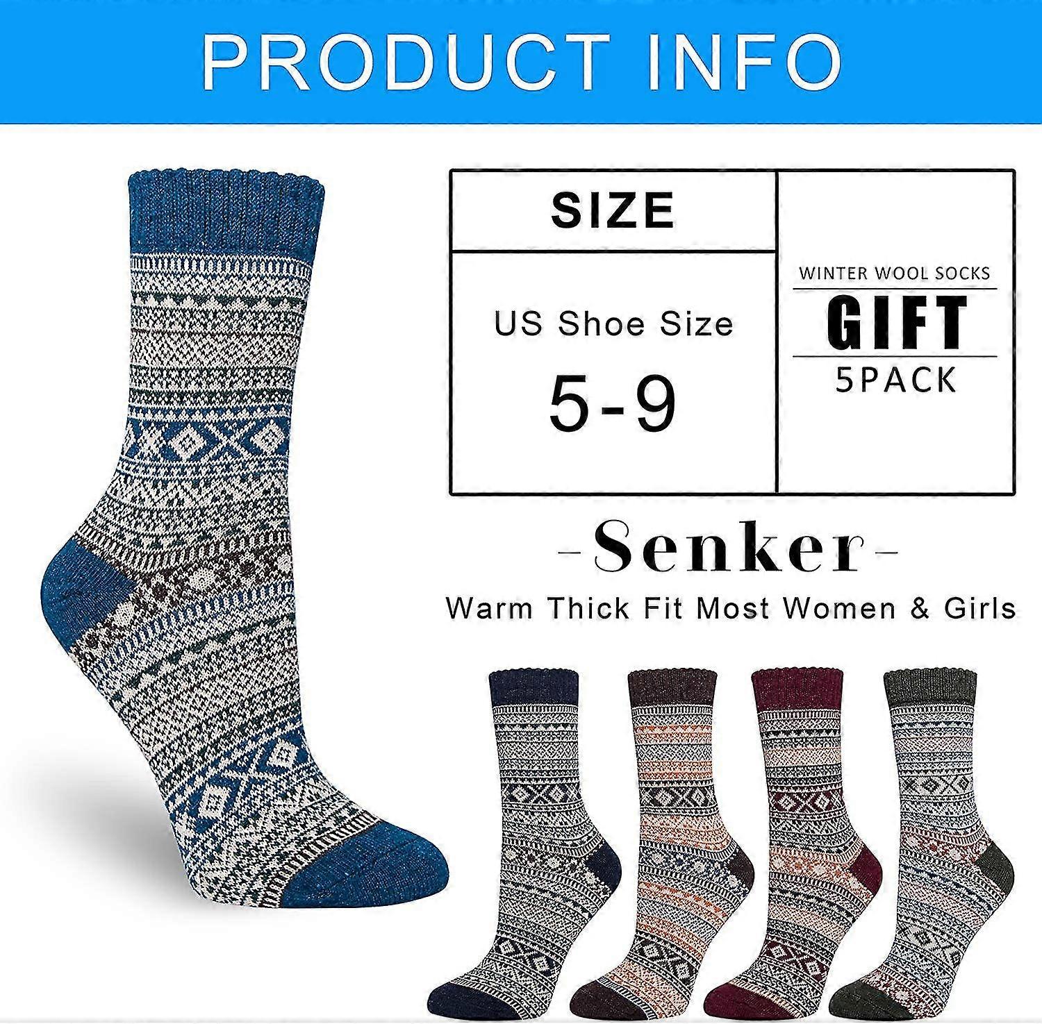 5 Pack Womens Wool Socks Winter Warm Socks Thick Knit Cabin Cozy Crew ...