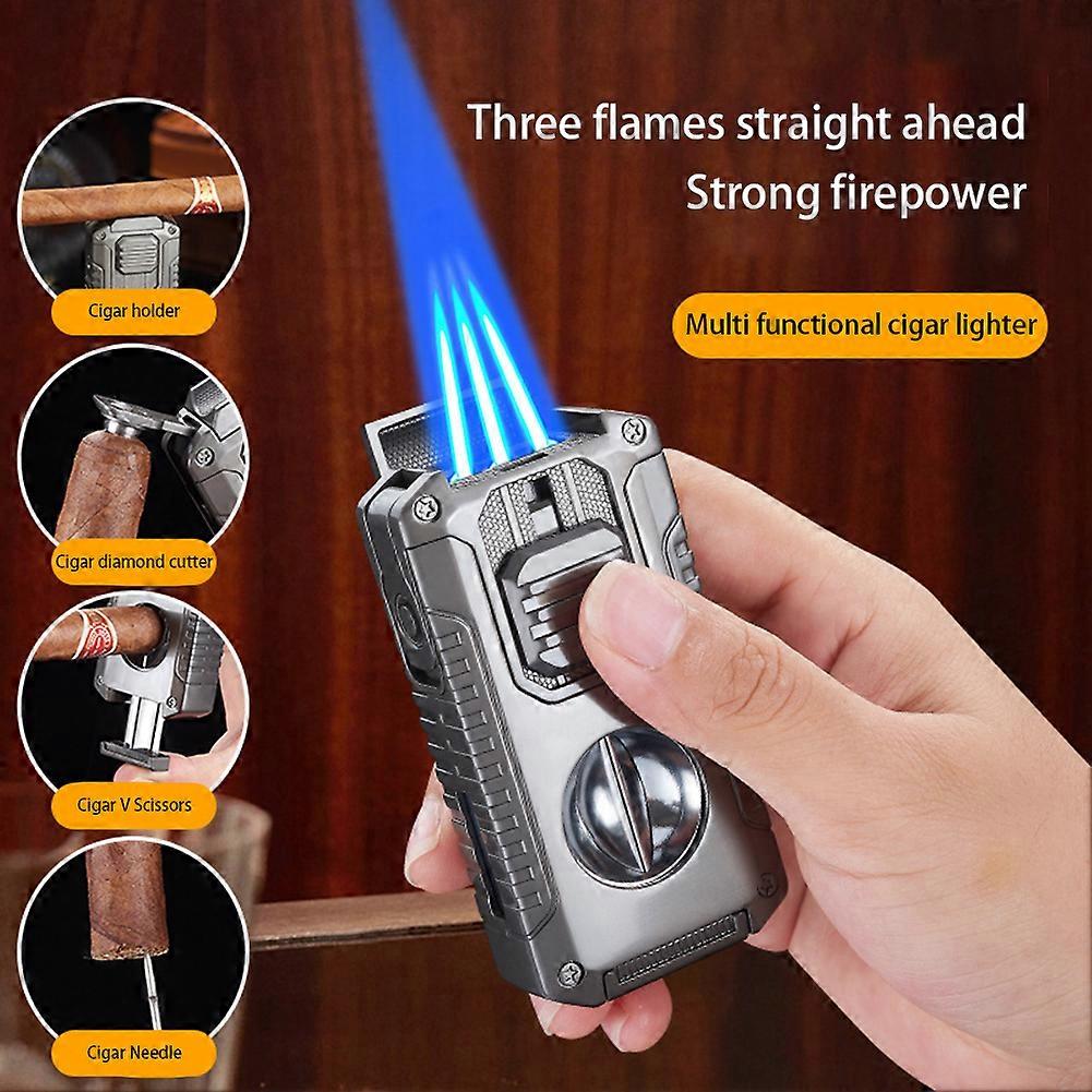 5-in-1 Cigar Lighter with V-Cutter & Punch & Draw Enhancer - Triple Jet Flame Refillable Butane ...
