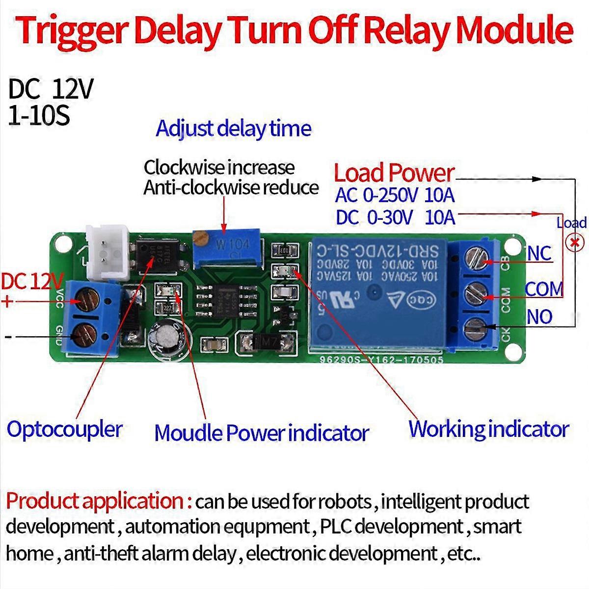 DC 12V Adjustable Timer Delay Turn OFF Module Timing Relay Time Switch 1-10sec Delay Off Switch ...