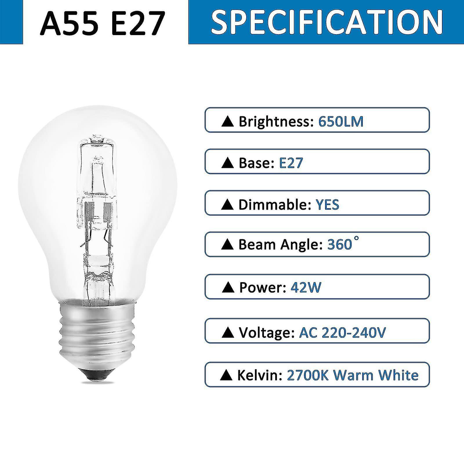 Halogen Bulb E27 A55 42w Dimmable, Ac220-240v, 650lm Warm White 2700k ...