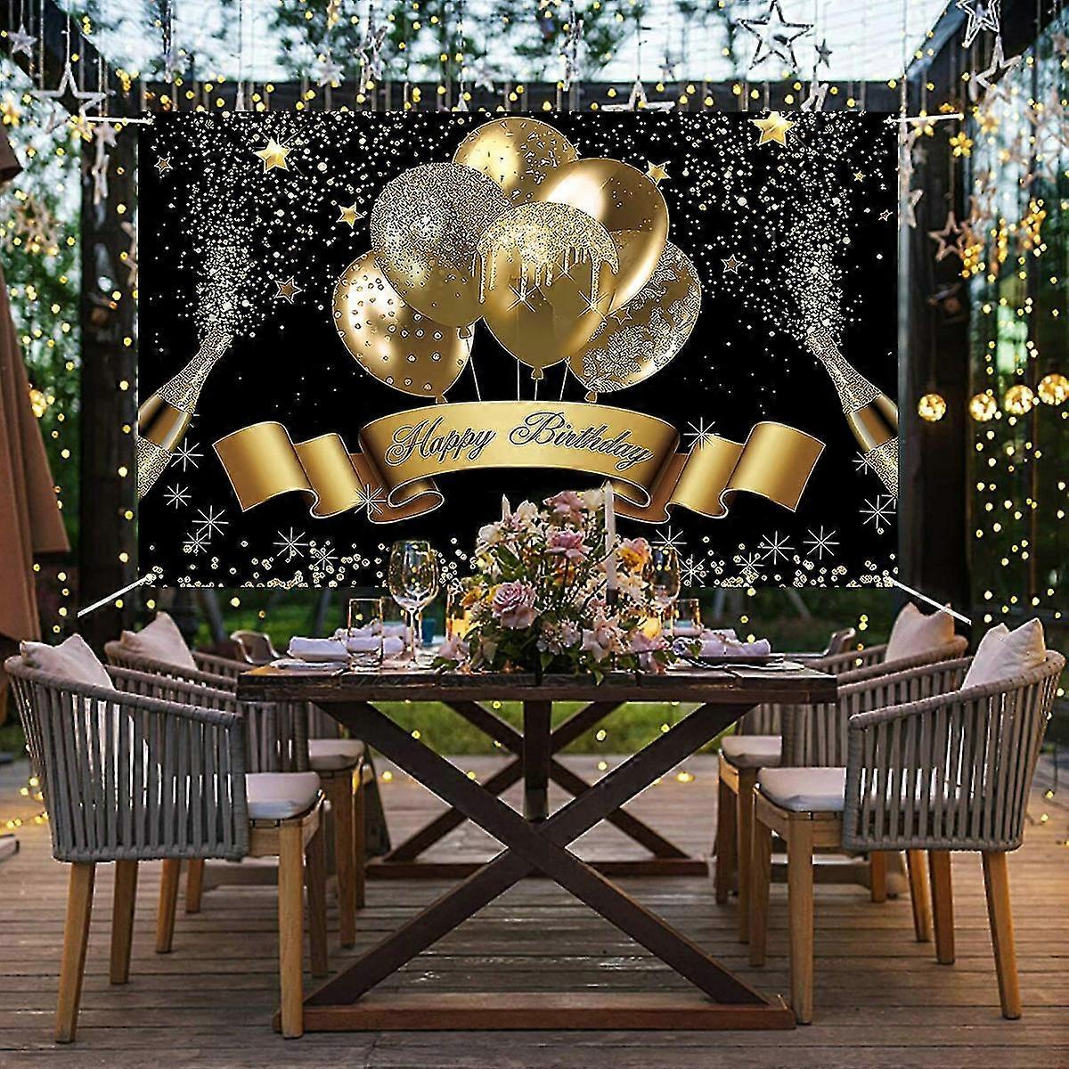 Gold Glitter Happy Birthday Party Backdrop For Photo Black Happy Birthday Adult Theme Party ...