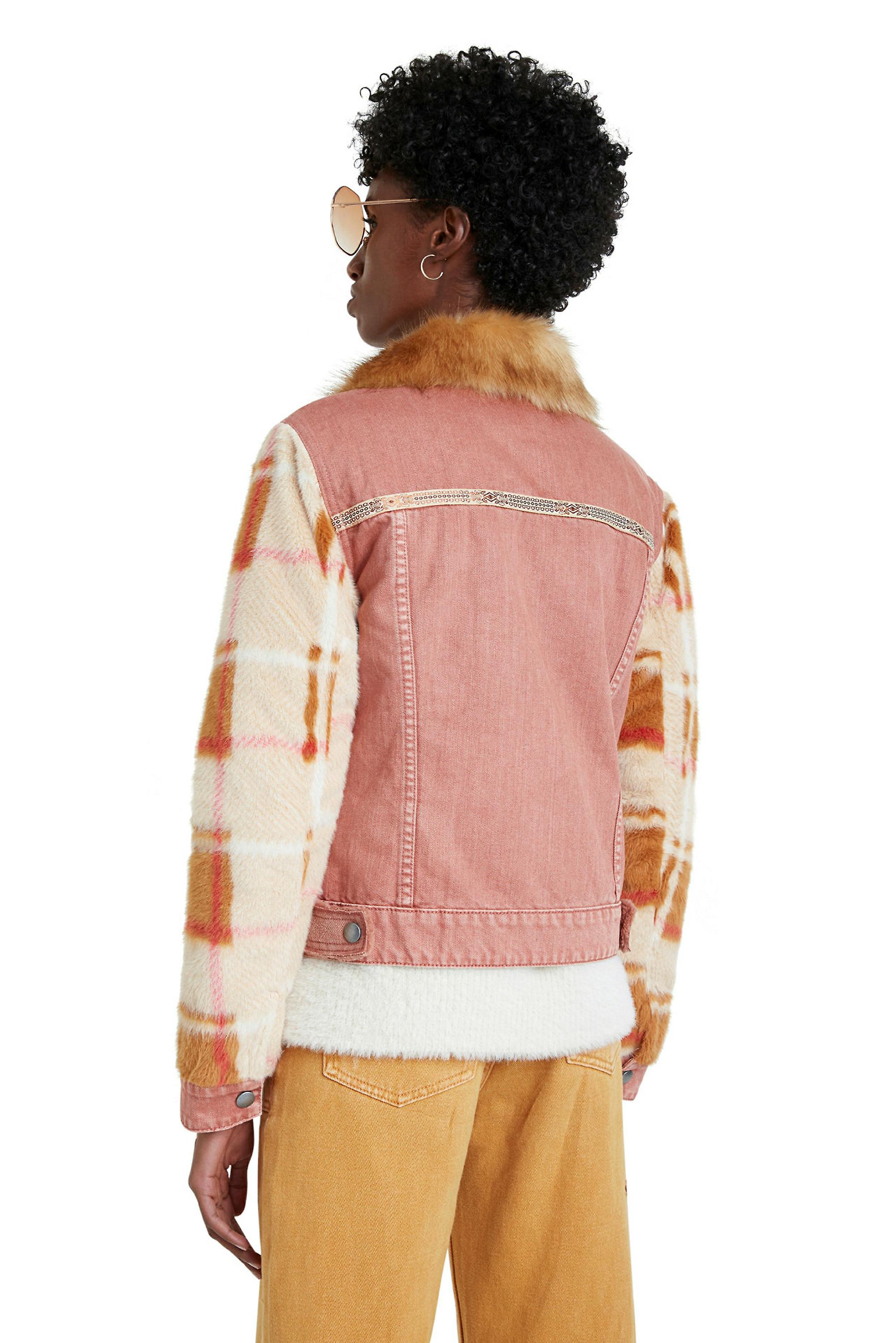 Desigual Checkis Pink Denim Jacket Checked Sleeves Faux Fur Collar ...