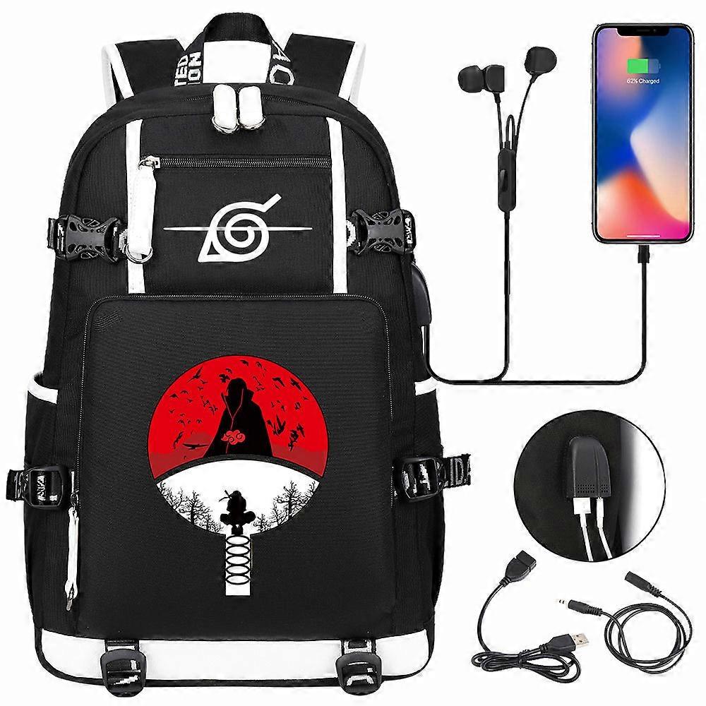 Anime Naruto Akatsuki Itachi Sharingan Backpack USB Cahrge High School ...