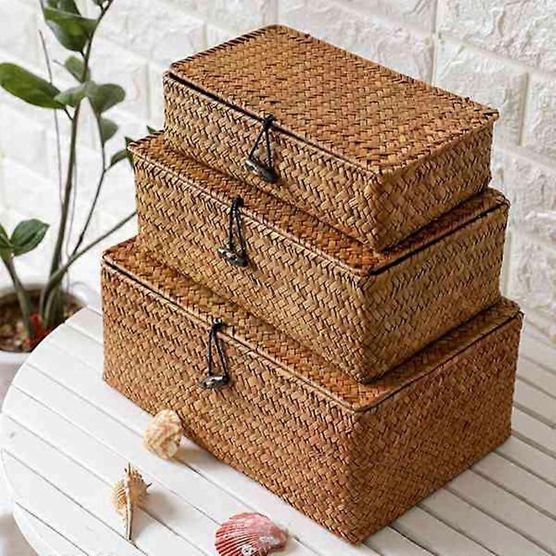 Woven Straw Storage Bins with Lid - Set of 4 - Rectangular Seagrass ...