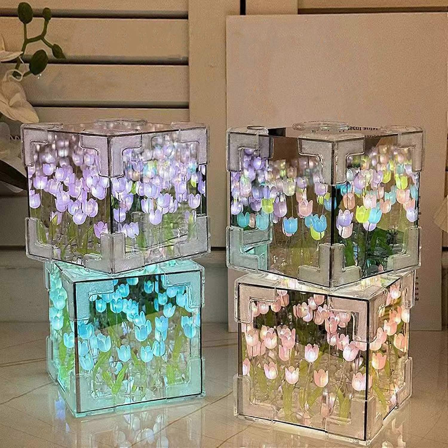 Handmade DIY Tulips Cube Mirror Lamp Soft Glow Easy to Install Romantic ...