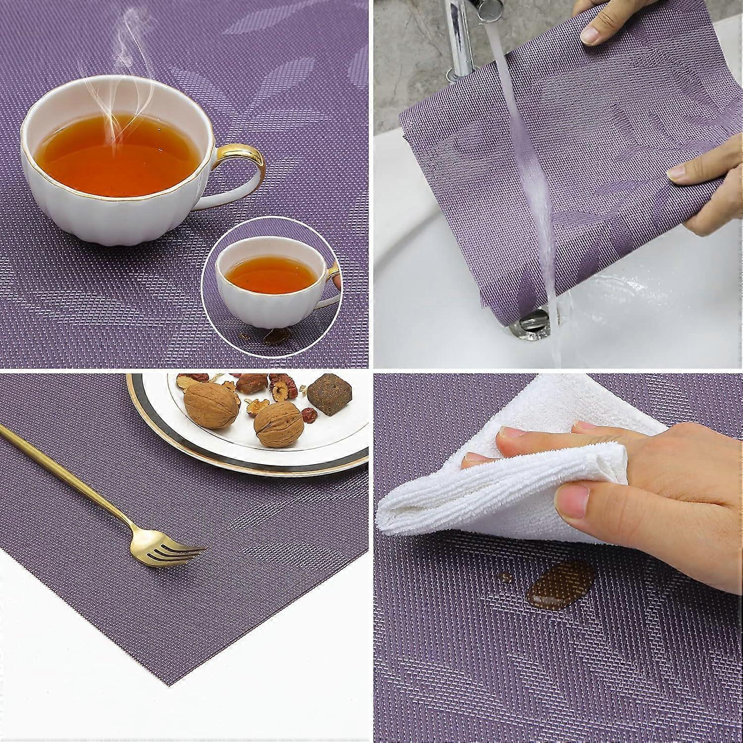 Set of 4 Purple Leaf Pattern Place Mats Wipe Clean Durable PVC Heat ...
