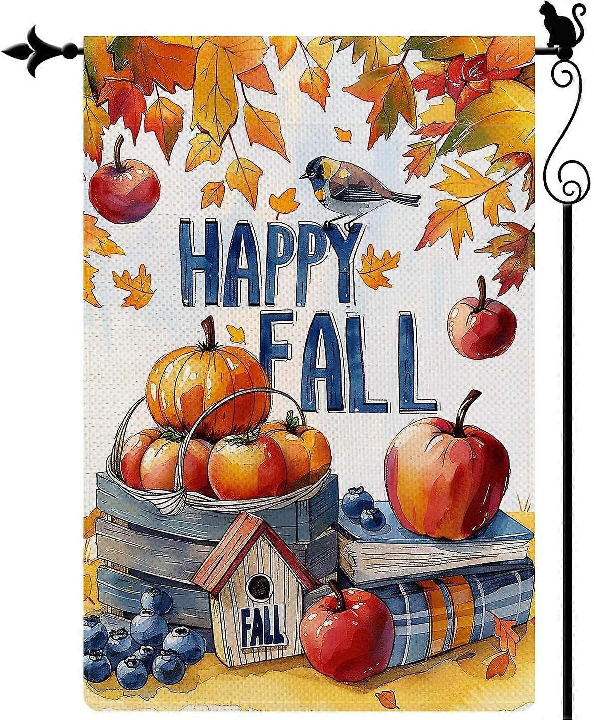Happy Fall with Pumpkins, Apples, and Blueberries, Bird Garden Flag ...