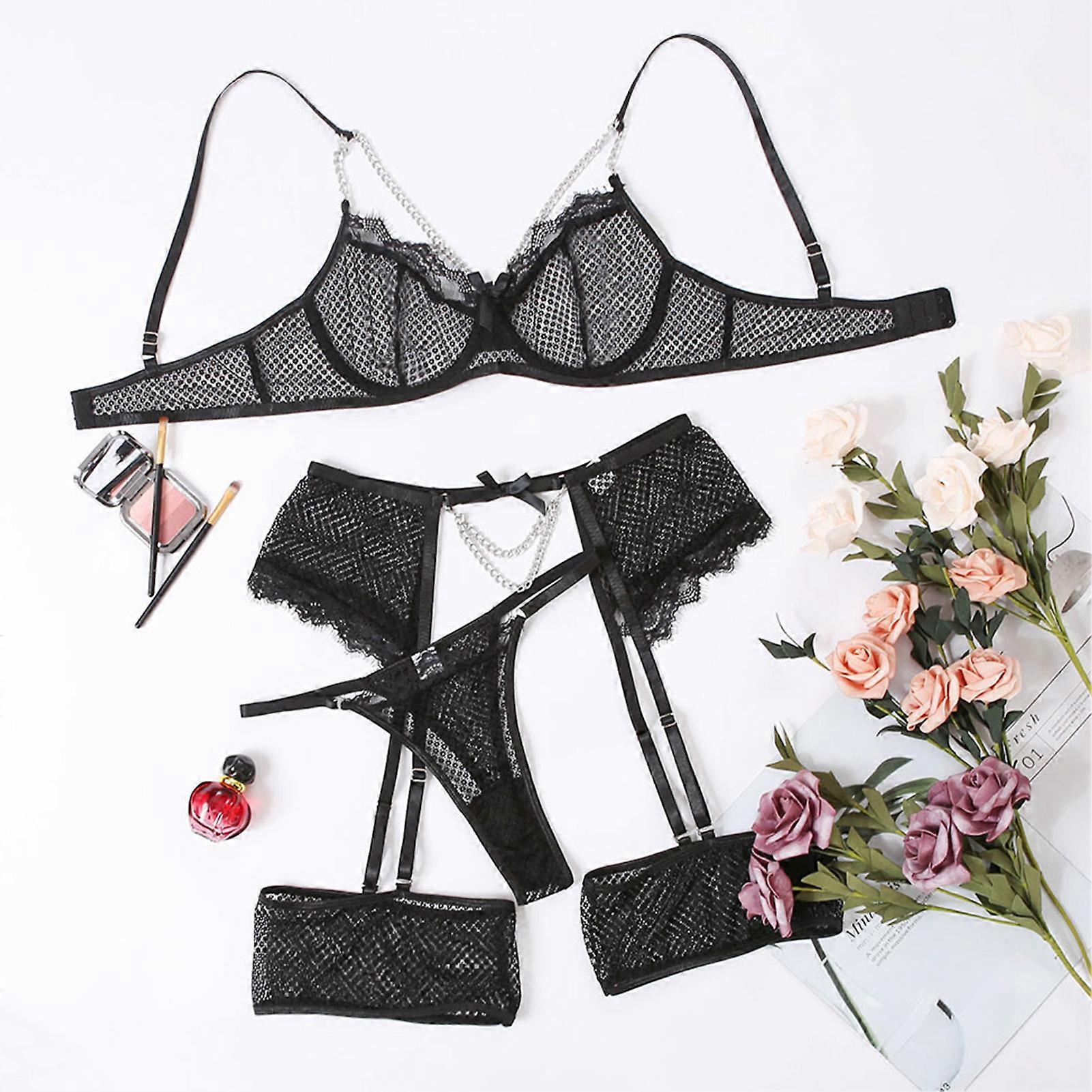 Women Sheer Lace Bra Set Adjustable Spaghetti Straps Bra Set Garter ...