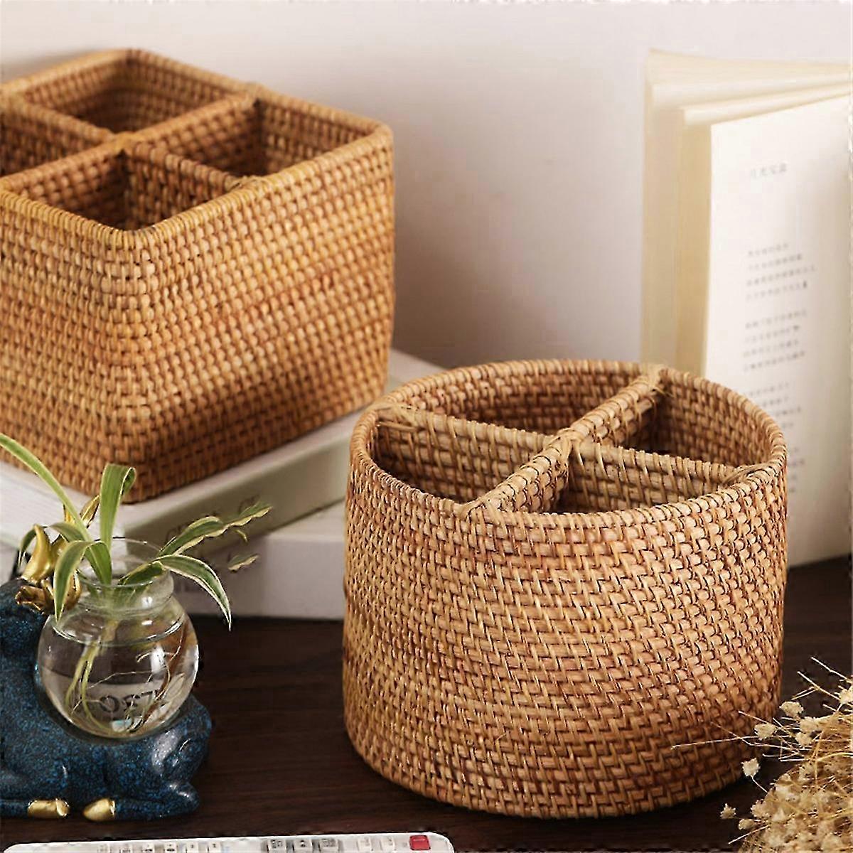 Hand-woven storage box, handle remote control basket, Round hwy | Fruugo UK