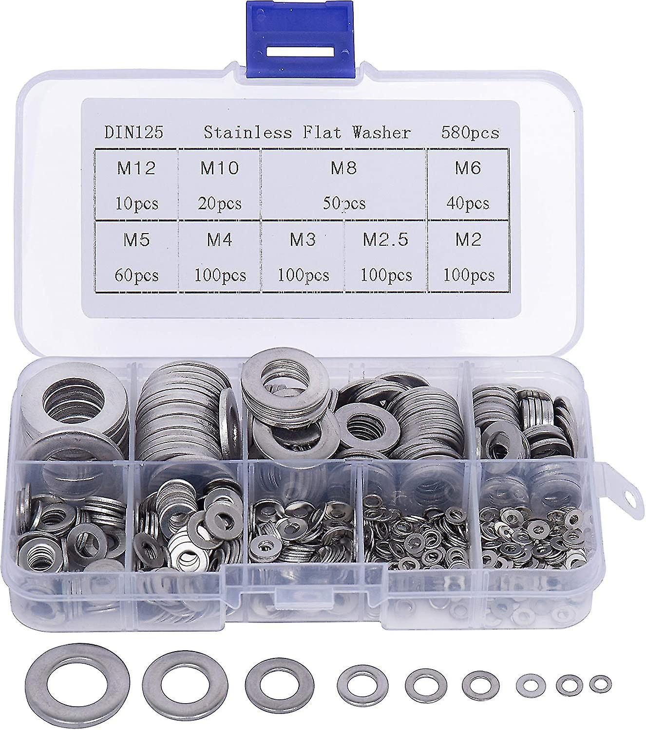 Metal Washers (580 Pieces) With Plastic Box - 9 Different Sizes Of Stainless Steel Washers M2 ...