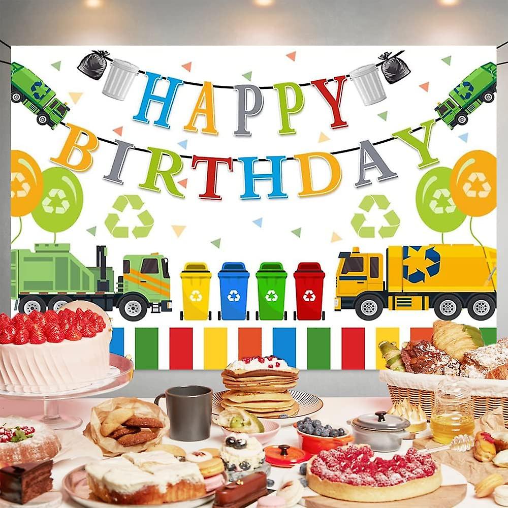 Garbage Truck Happy Birthday Backdrop Colorful Truck Trash Can ...