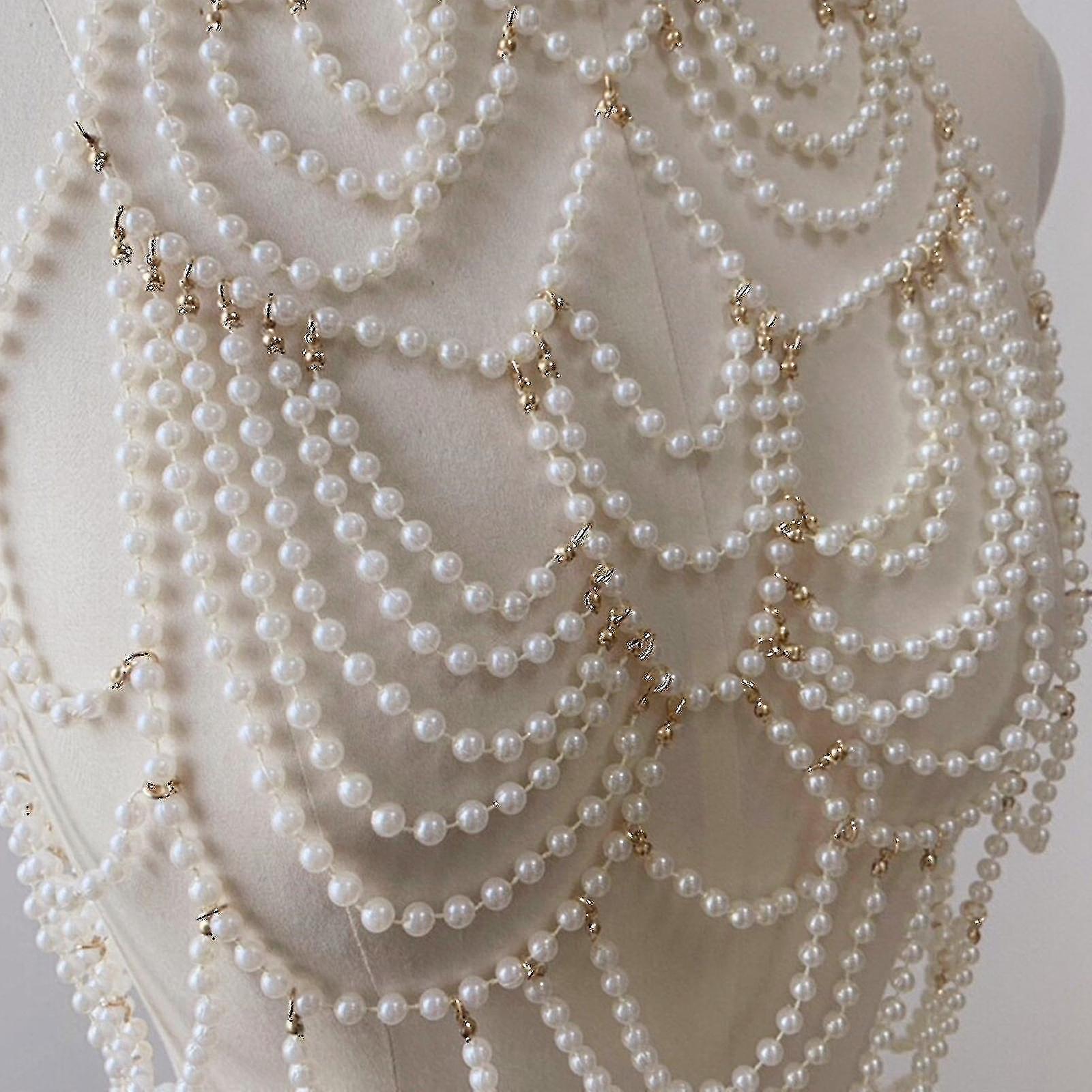 Womens Mutlilayered Pearl Body Chain Choker Necklace Harness Adjustable ...
