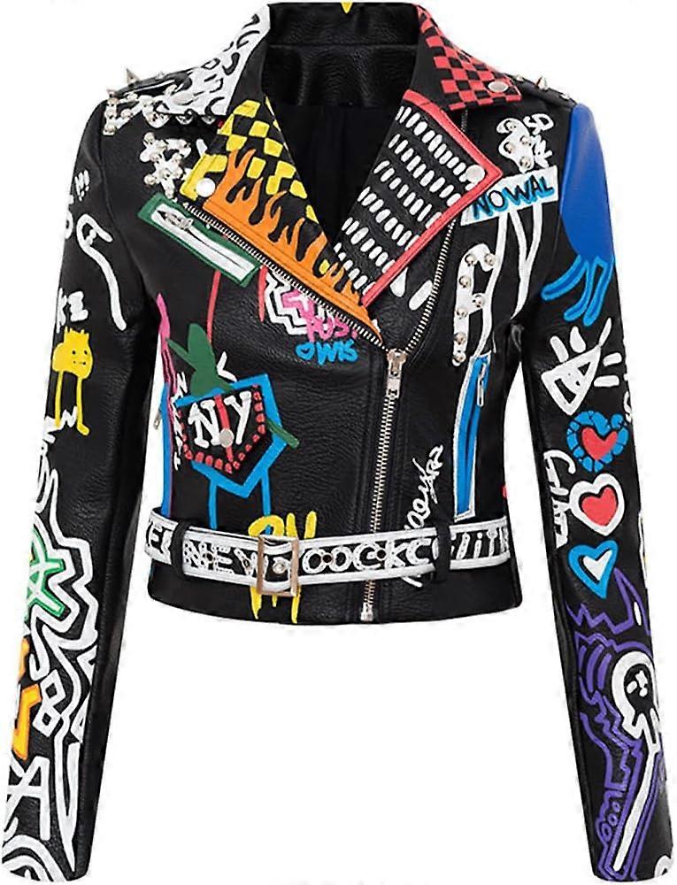 Women's Leather Jacket Cartoon Print Black Studded Motor Biker Punk ...