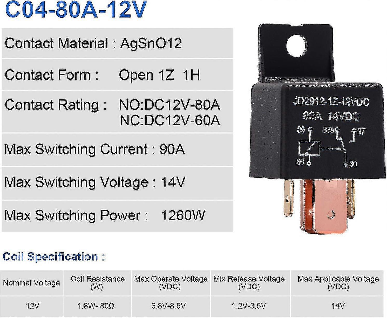 2 Pieces 5 Pin Relay 12v 80a, Automotive Relay Jd2912-1z-12vdc 80a ...