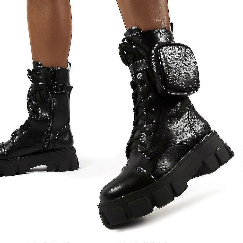 Female Pocket Lace Up Boots Buckle Strap Chunky Pouch Ankle | Fruugo UK
