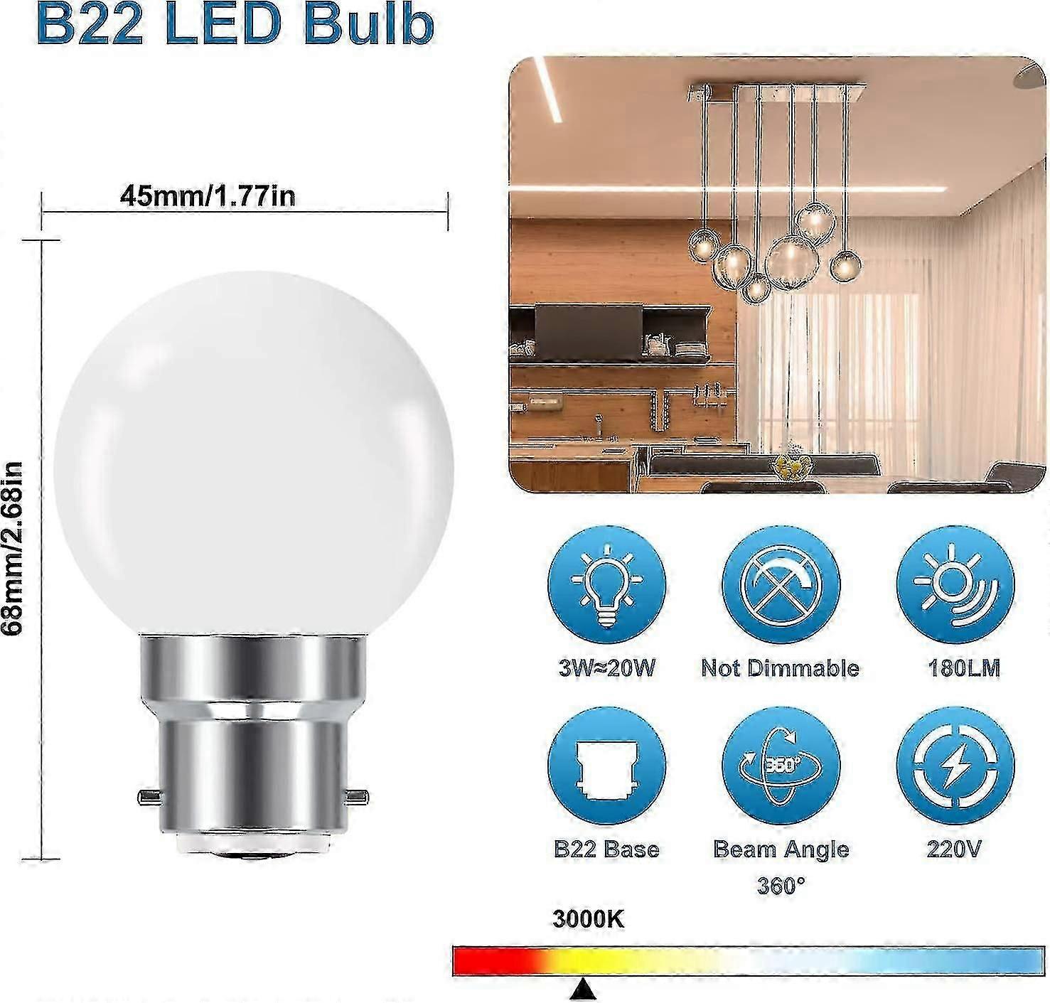B22 3w Bayonet Led Light Bulb, Mini Globe Golfball B22 G45 Bulb, Warm ...