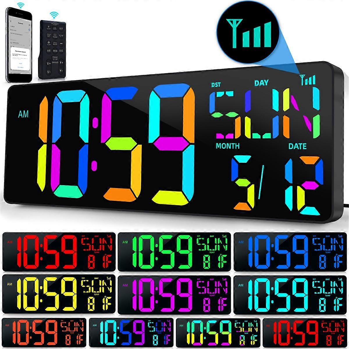 Large Digital Wall Clock 16.5 Inch Bluetooth Auto Time Sync Led Digital Clock Display Calendar ...