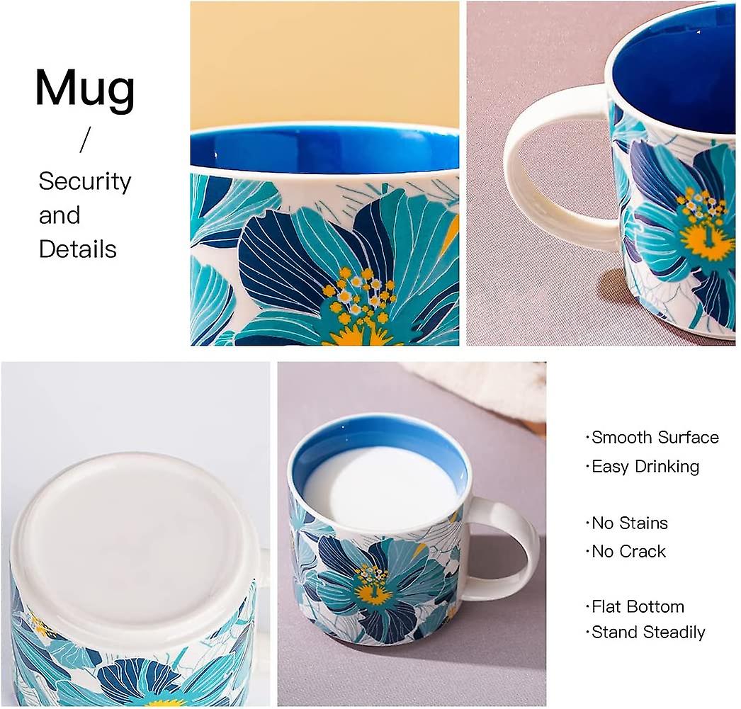 15 oz blomster keramisk krus, stort porcelæn kaffekrus, blå indre ...