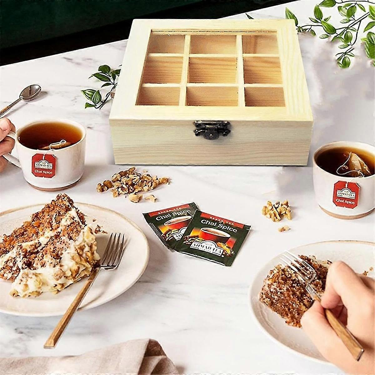 Tea Storage Box With 9 Compartments, Transparent Glass Top ...