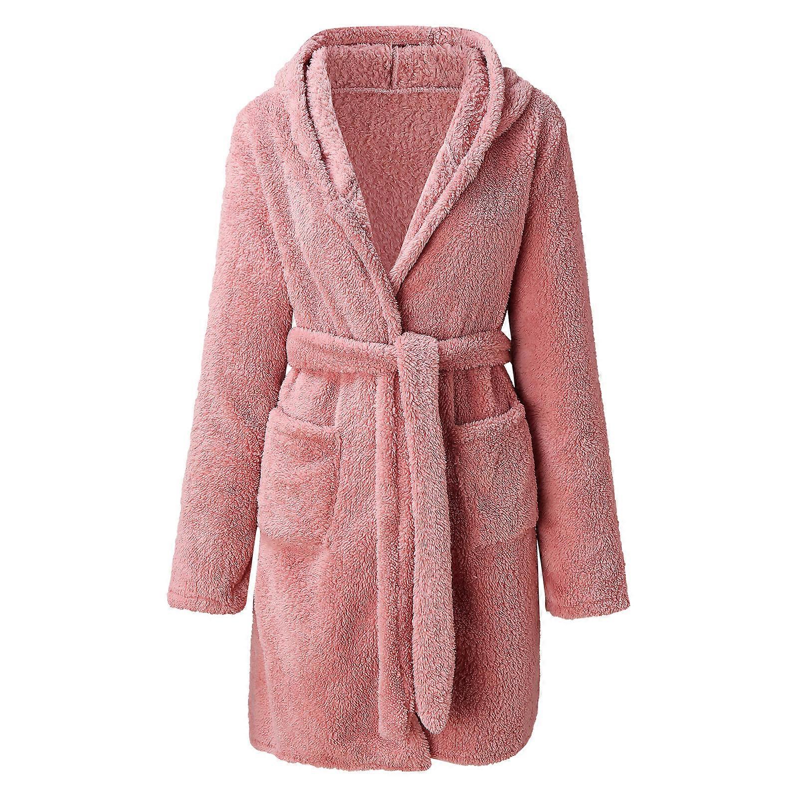 Fuzzy Robe for Women Midi Length Bathrobe Belted Solid Color Plush ...