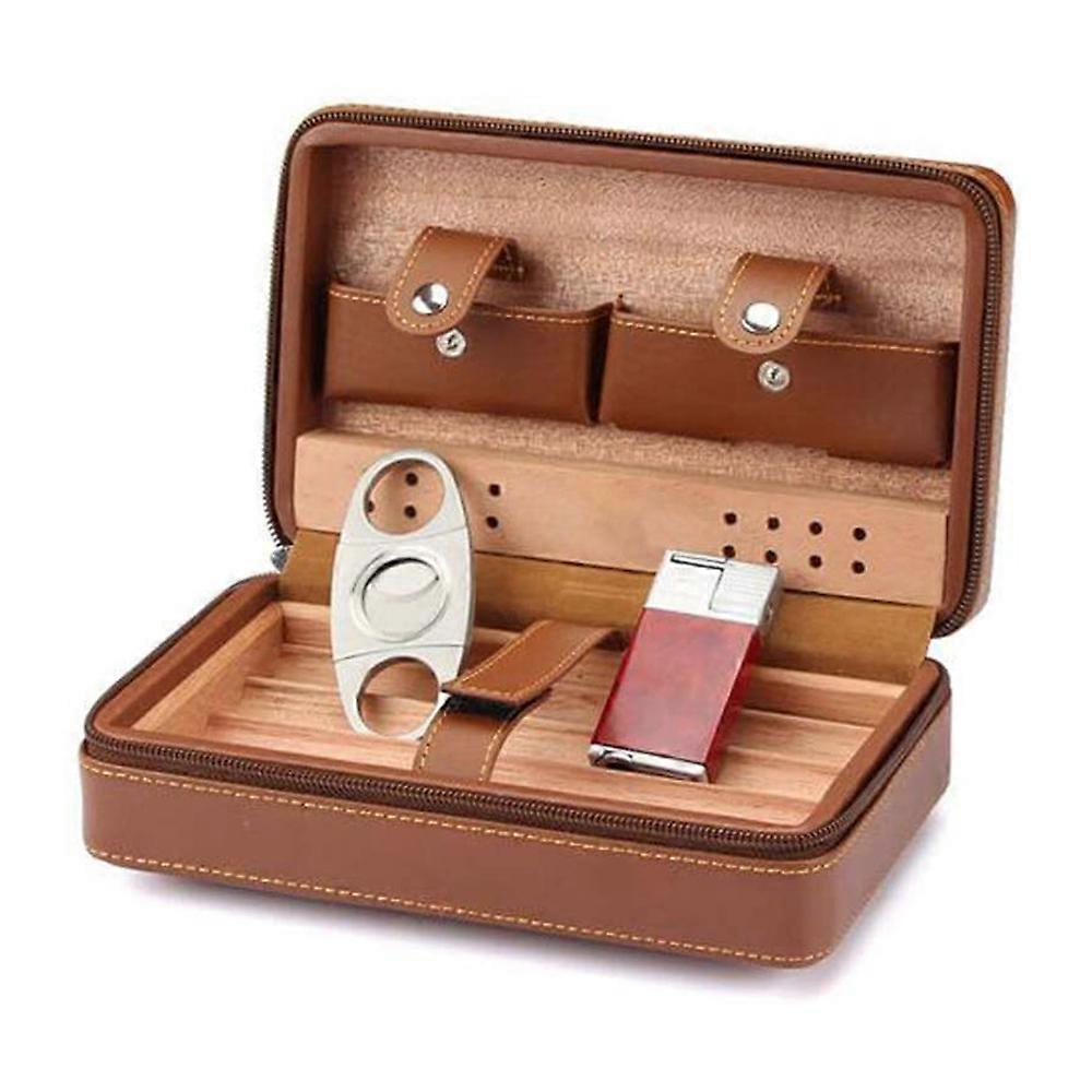 Leather Travel Cigar Humidor Case, Portable Cedar Wood with Humidifier ...