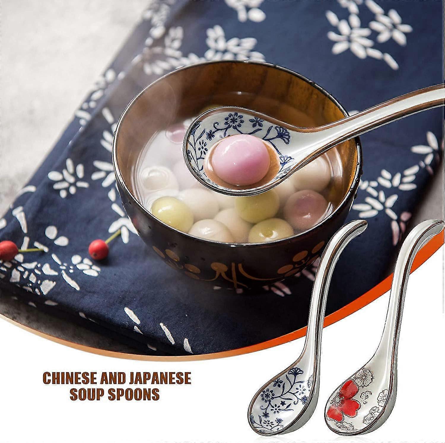 4 Pieces Asian Retro Chinese Ceramic Rice Spoons Curved Handle Ramen ...