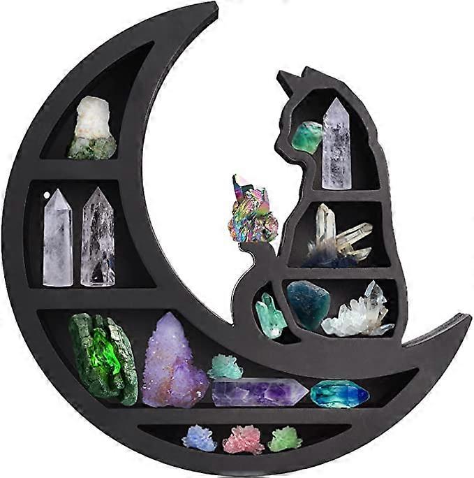 Cat on The Moon Wooden Shelf for Crystals, 14Inch Black Wall Mounted ...