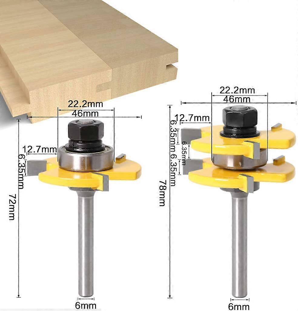 6MM Shank Matched Tongue and Groove Cutter Set 3 Teeth T Shape Wood ...