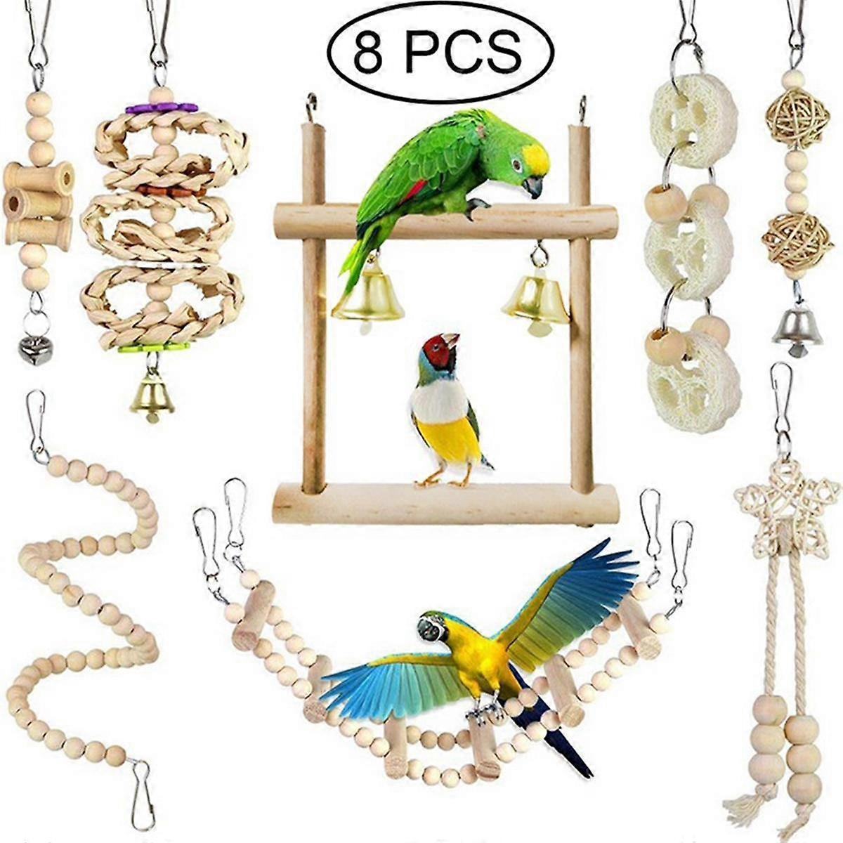 8PCS Set Combination Parrot Bird Toys Wood Articles Bite Pet Bird Toys ...