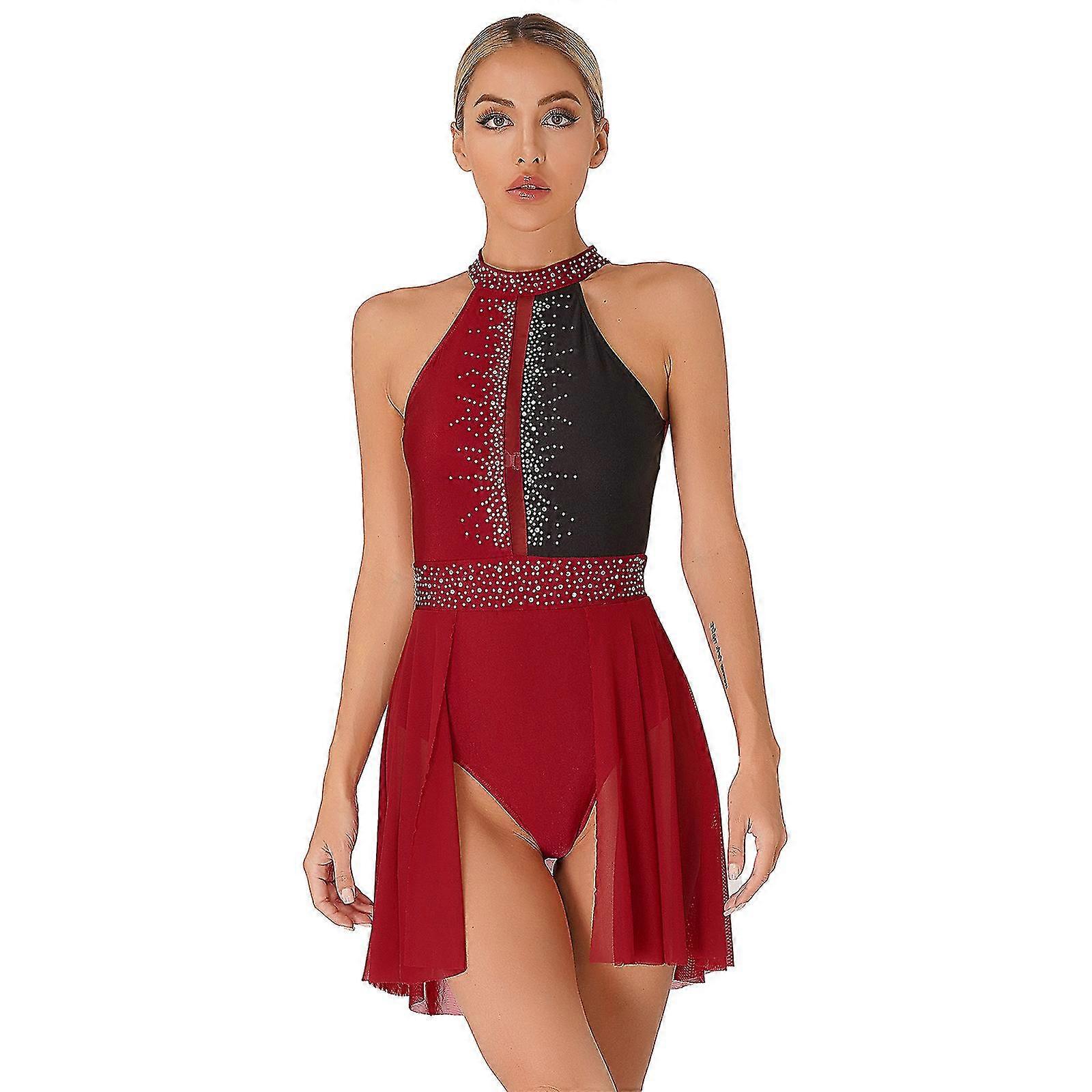 Womens Contrast Color Backless Ballet Gymnastic Leotard Dress Shiny Rhinestone Figure Skating ...