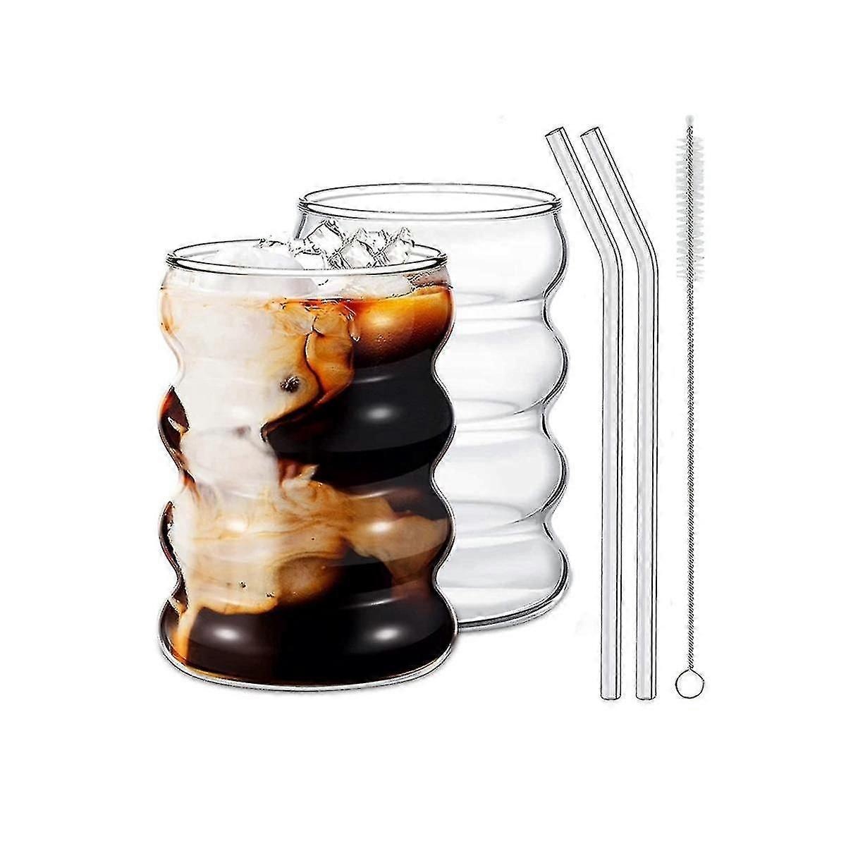 4pack Glasses Cute Ripple Retro Water Glass With Straw Ribbed Glassware ...