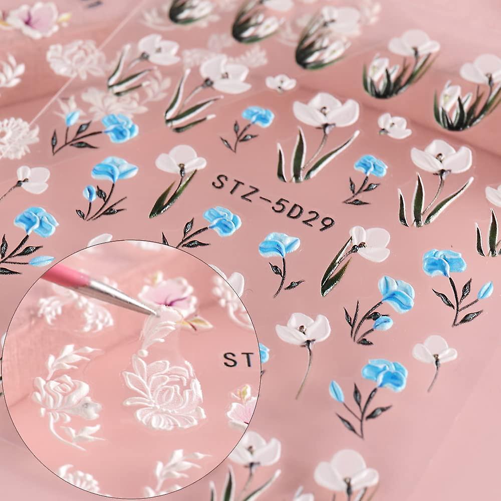 5D Embossed Flowers Nail Stickers for Acrylic Nails, 6 Sheets Engraved ...