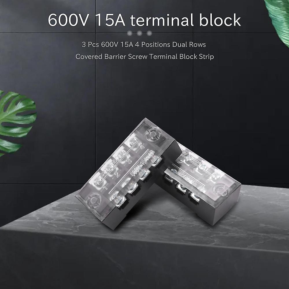 3 Pcs 600v 15a 4 Positions Dual Rows Covered Barrier Screw Terminal Block Strip | Fruugo DK