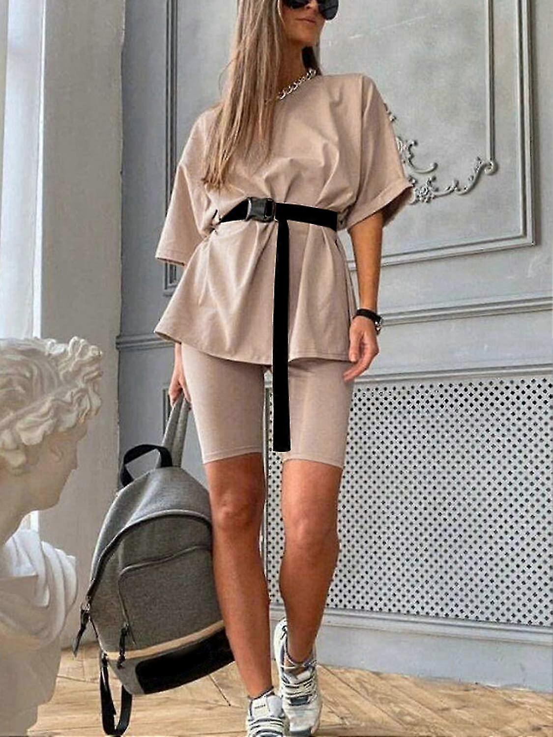 Women 2 Piece Outfit Sets Casual Oversized T-shirt Tops Biker Shorts ...