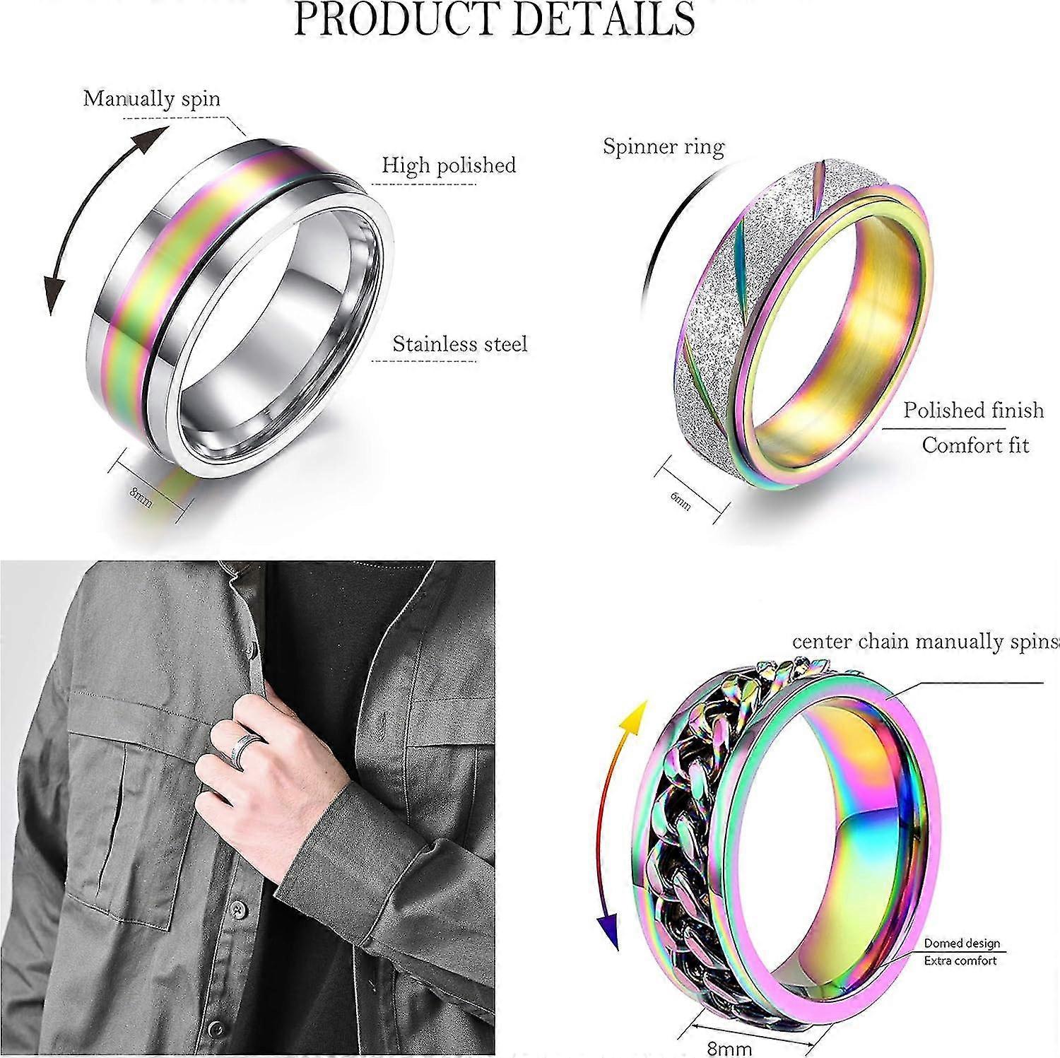 3pcs Stainless Steel Fidget Spinner Ring For Women Men Wedding Band ...