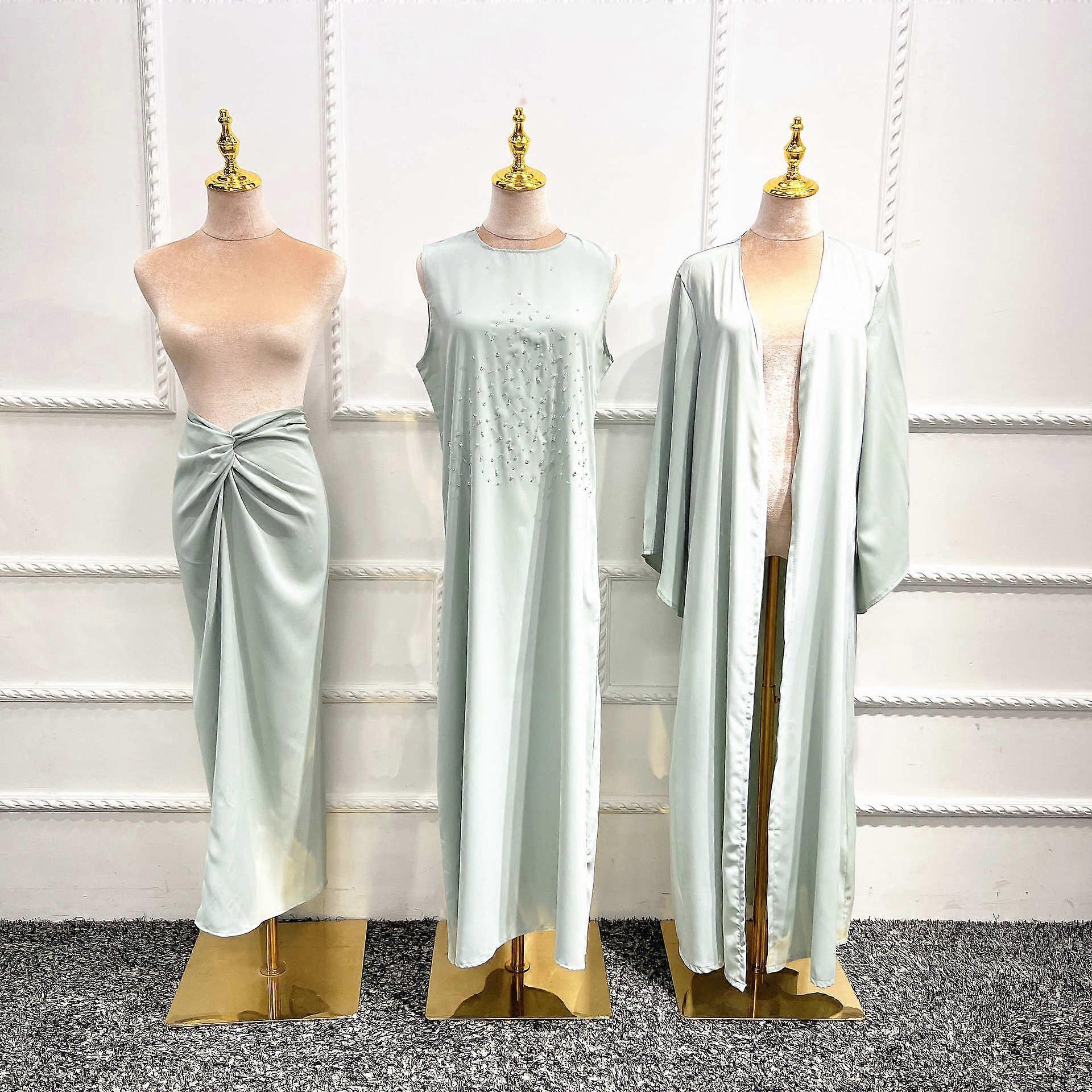 3Piece Matching Set Women Muslim Hijab Dress Nida Beads Islam Dubai Turkey Outfit Kaftan Open ...