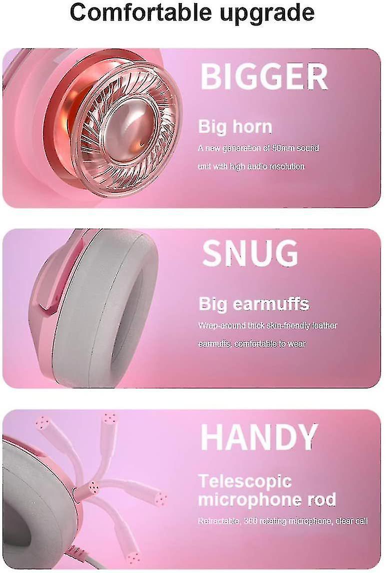 Pink Gaming Headset With Retractable Mic, Cat Ears, Detachable Headset ...