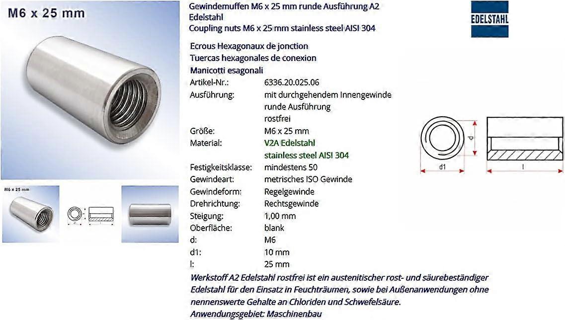 Stainless Steel A2 Round Threaded Sleeve - Connecting Nut - V2A - Round ...