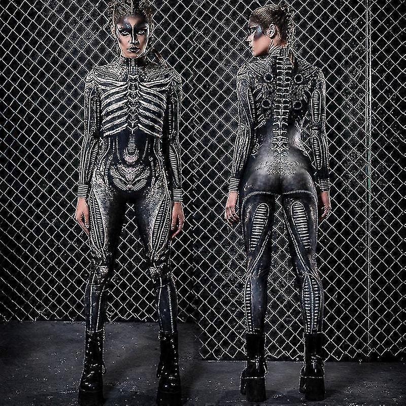 Womens Halloween Costume Skeleton Print Bodysuit Skinny Jumpsuit ...