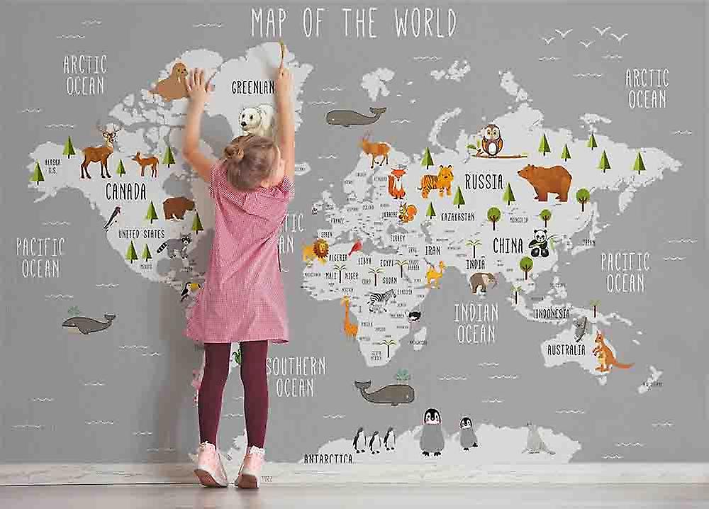 3d tecknad djur världskarta väggmålning tapet gd 3687 | Fruugo SE