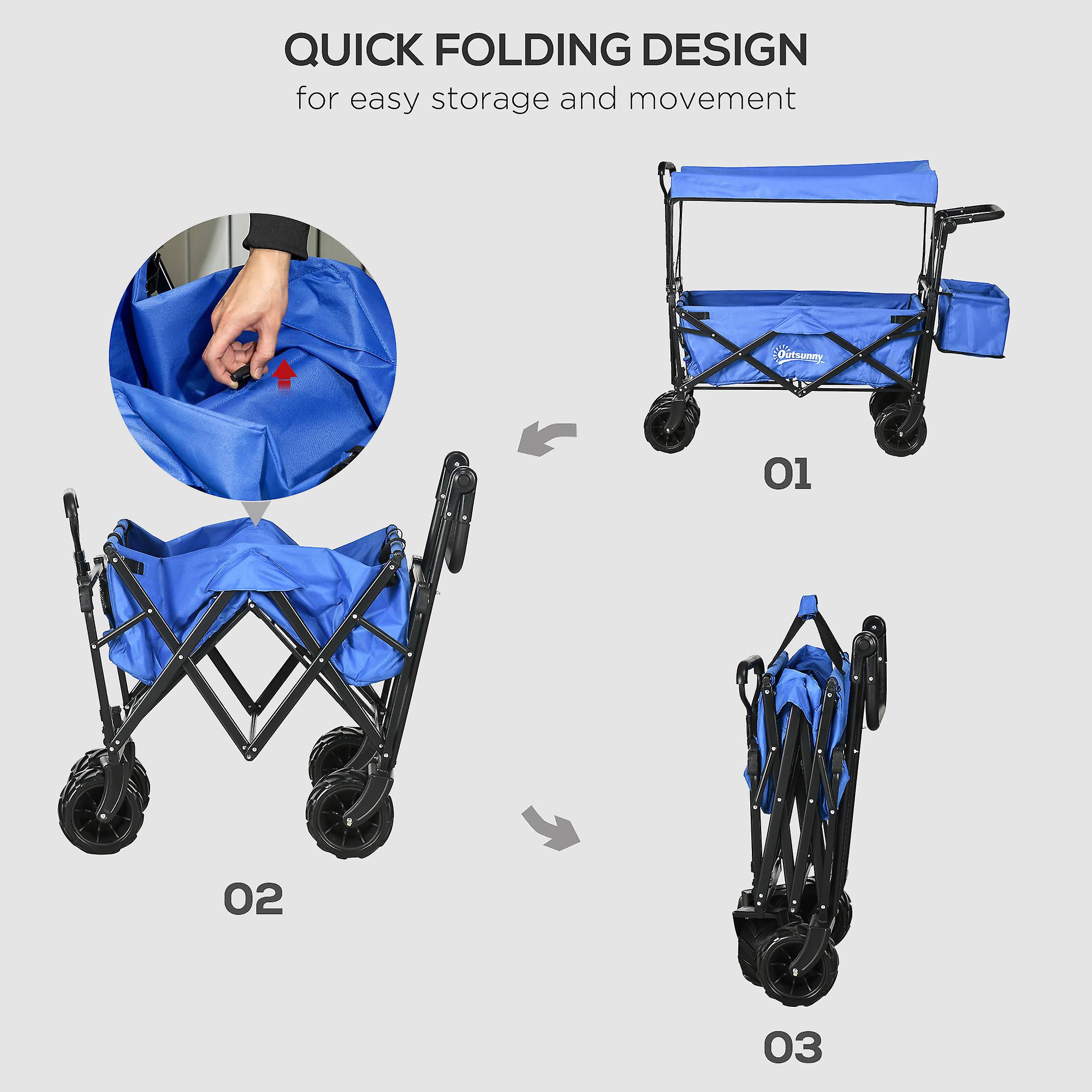 Outsunny Outdoor Push Pull Wagon Stroller Cart w/ Canopy Top Blue ...