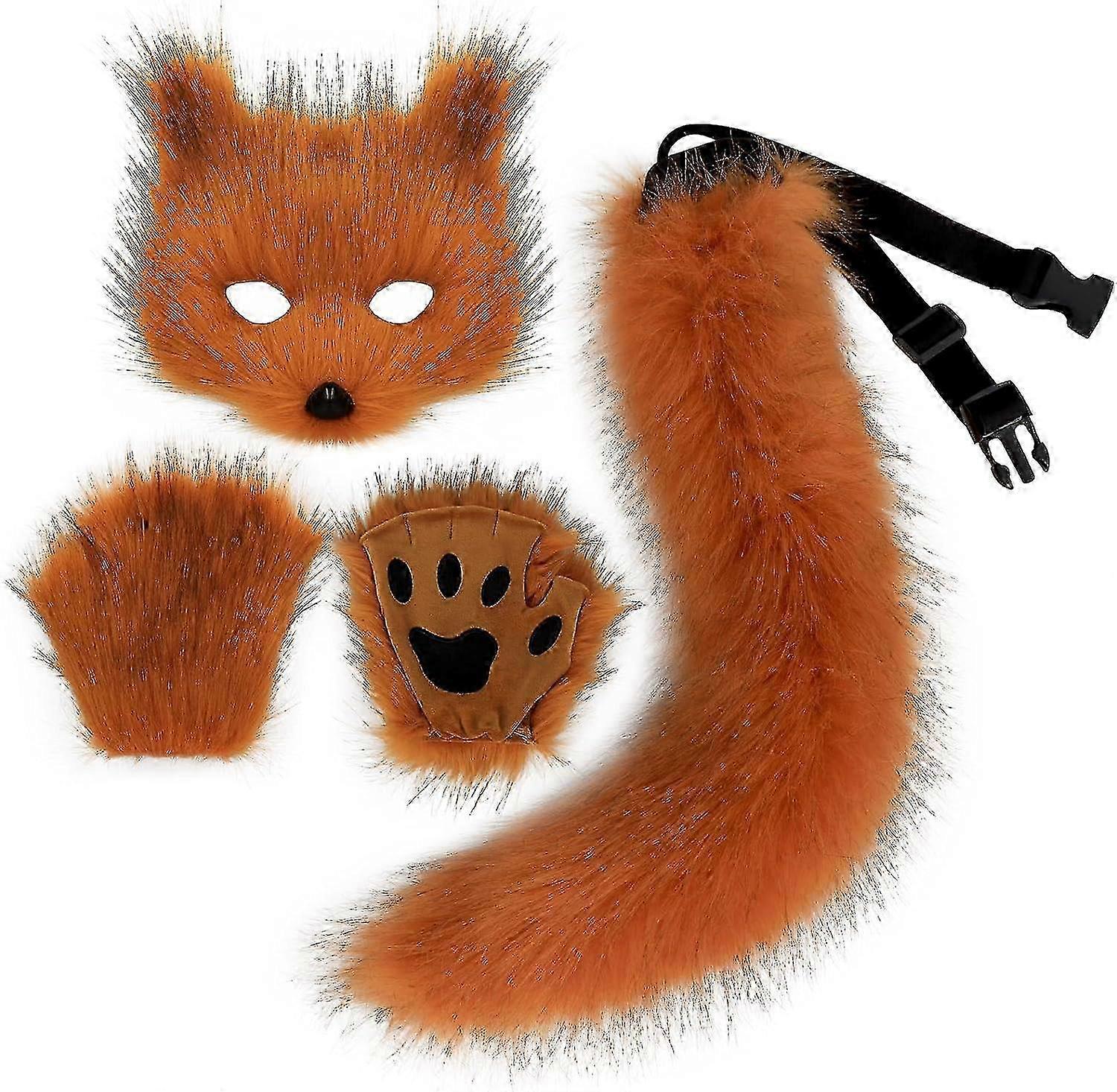 Faux Fur Fox Tail Cat Wolf Cosplay Costume Set Plush Mask Fluffy Paw ...