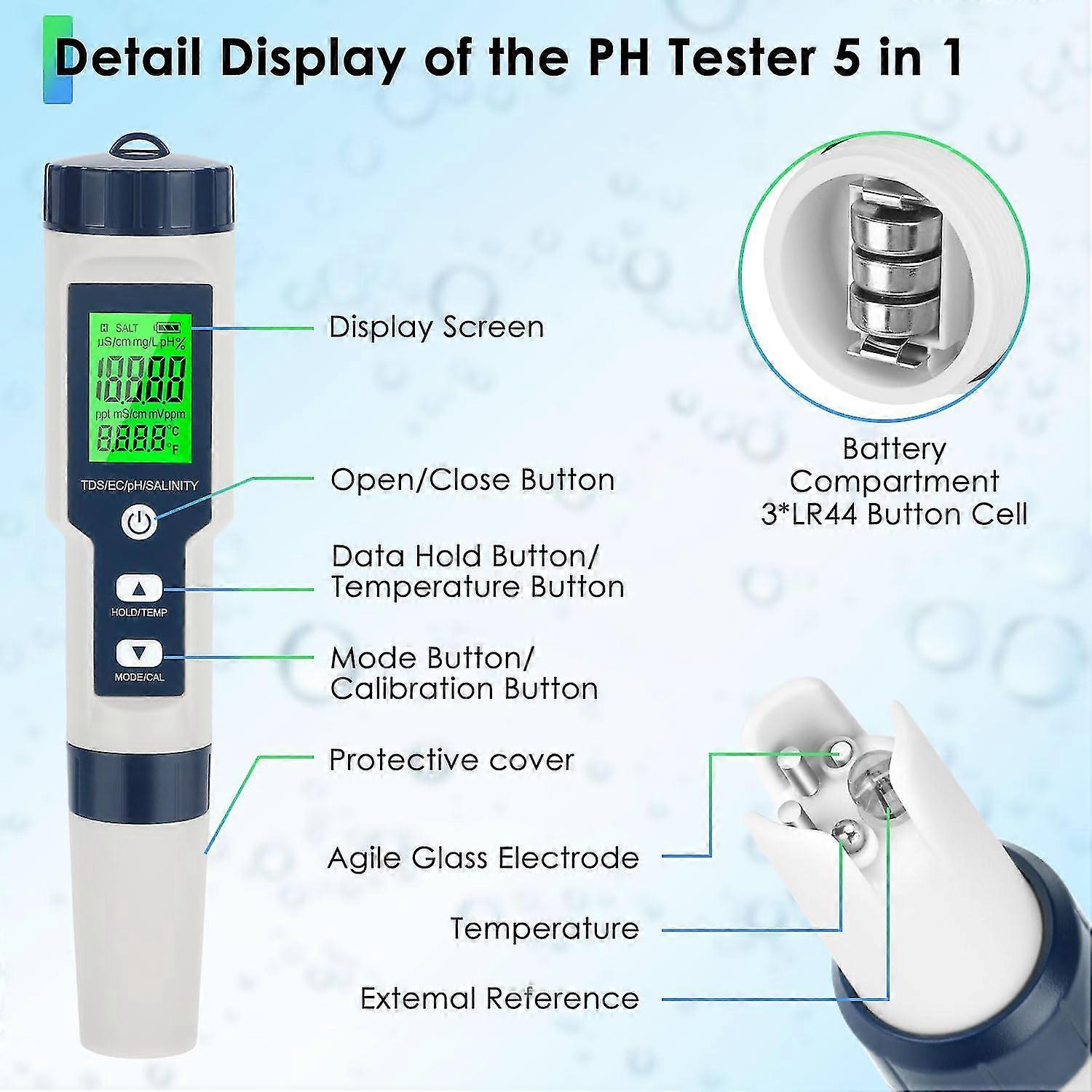 5 In 1 Ph Meter For Water, Ph/tds/ec/temp/salt Meter, Salt Tester For ...