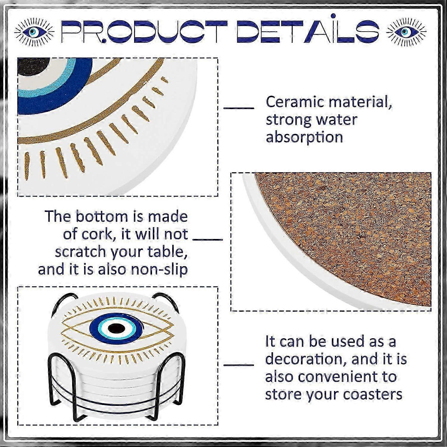 6 ceramic evil eye coasters with cork base | Fruugo UK